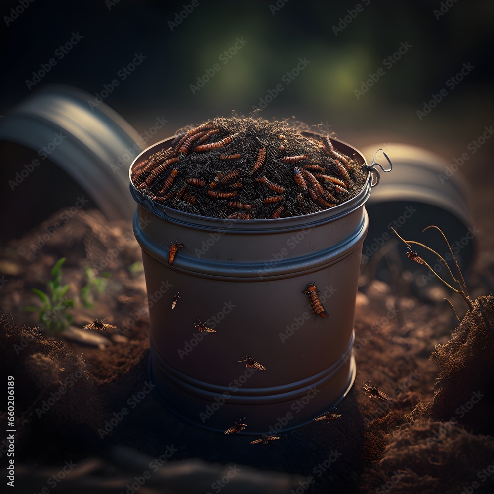 a bucket of mealworms in the earth backyard shallow depth of field ...