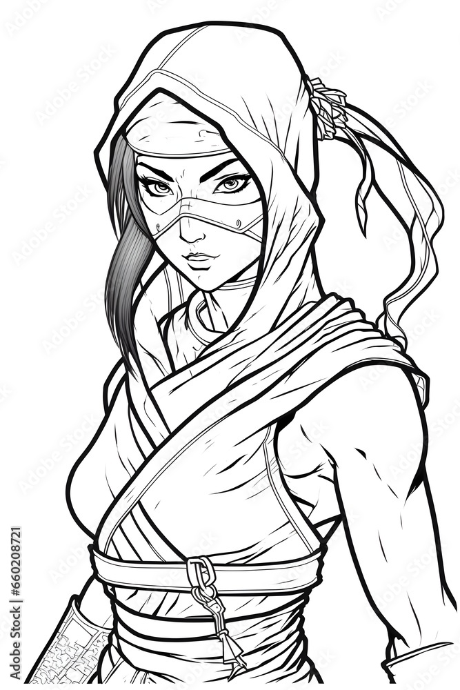 line art outline of female asian ninja warrior in traditional outfits ...