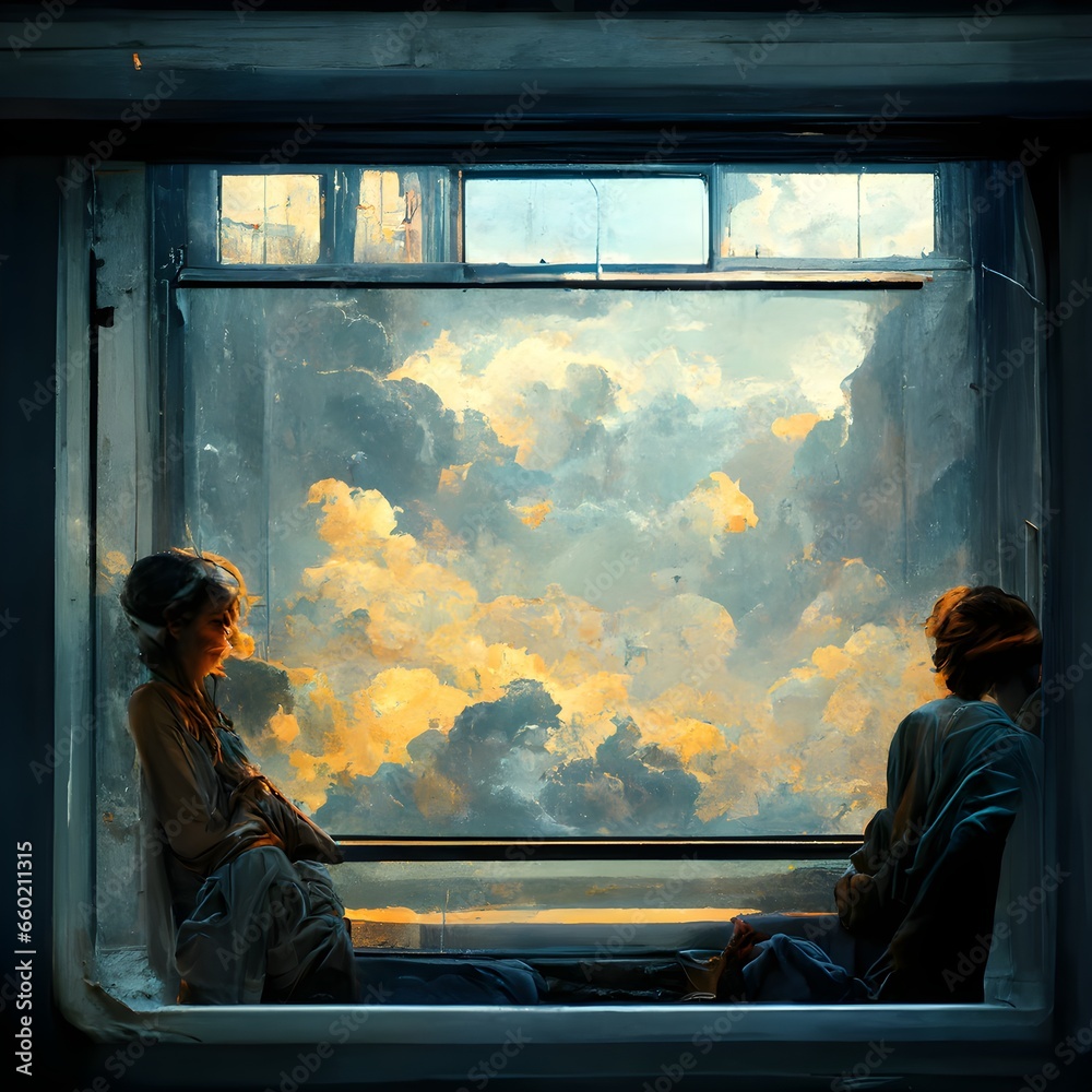 a window pane with a girl and boy sitting on the window pane clouds ...