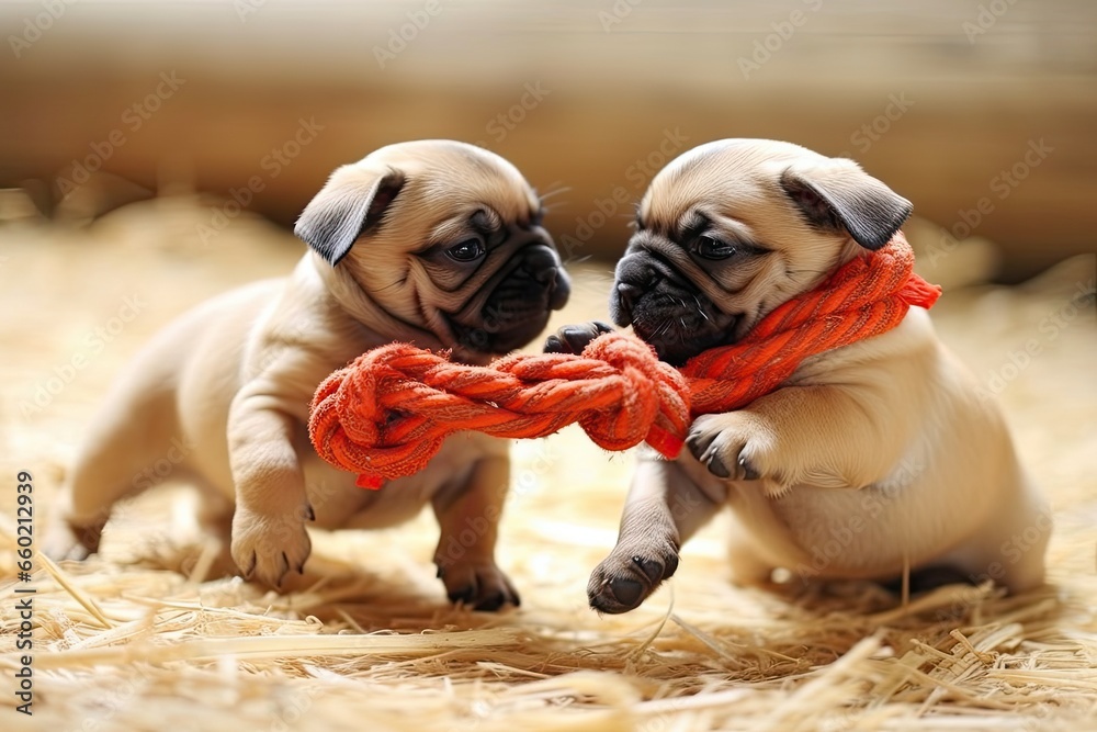 Cute Pug Puppies Engage in an Adorable Tug-of-War with a Toy: Playful ...