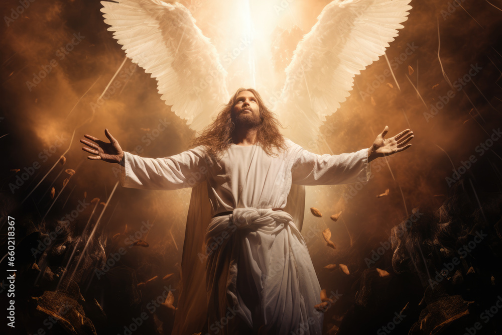 Jesus Christ with Wings Descending from the Clouds, Generative AI Stock ...