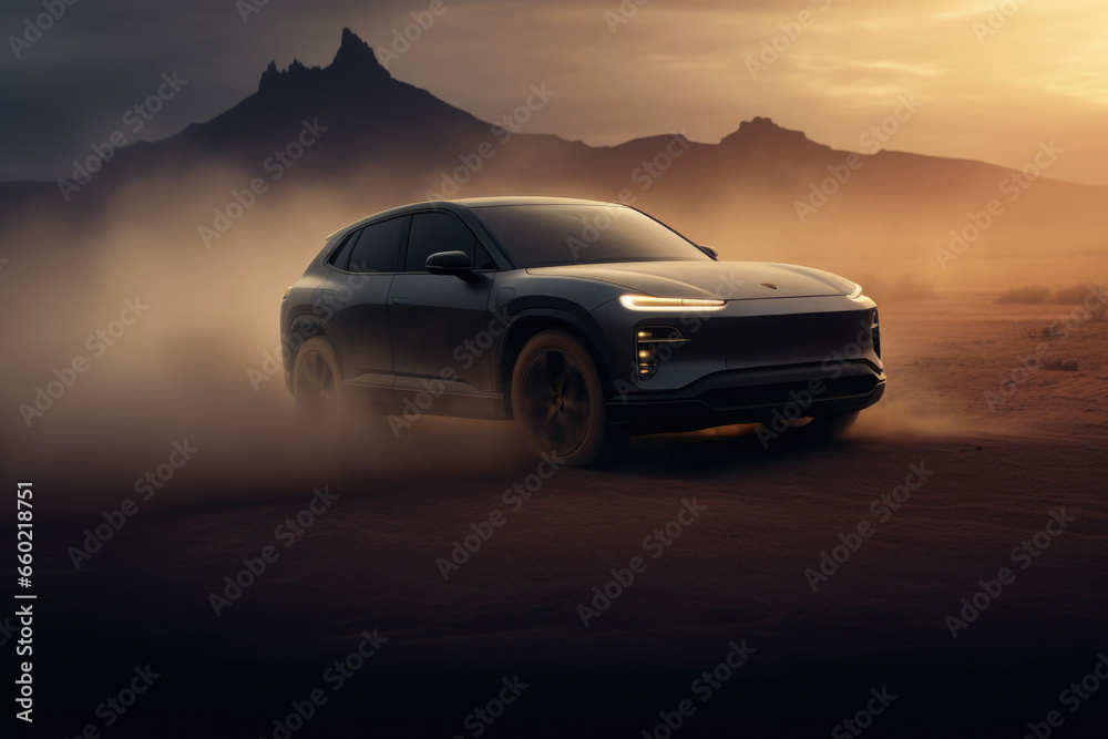 Off-road electric adventure: Premium black luxury SUV driving amidst ...