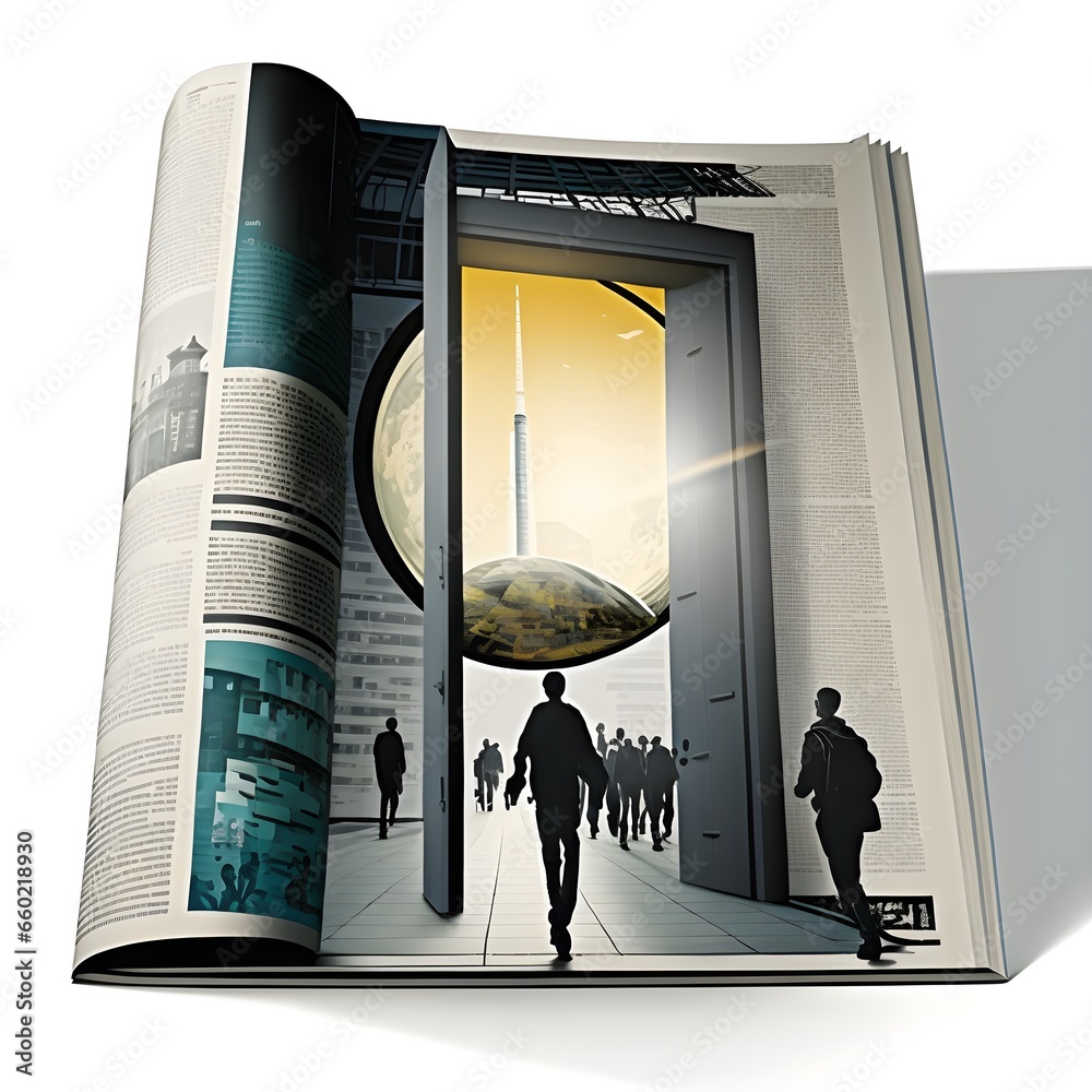 modern newspaper creating a path or a door into the future dimension ...