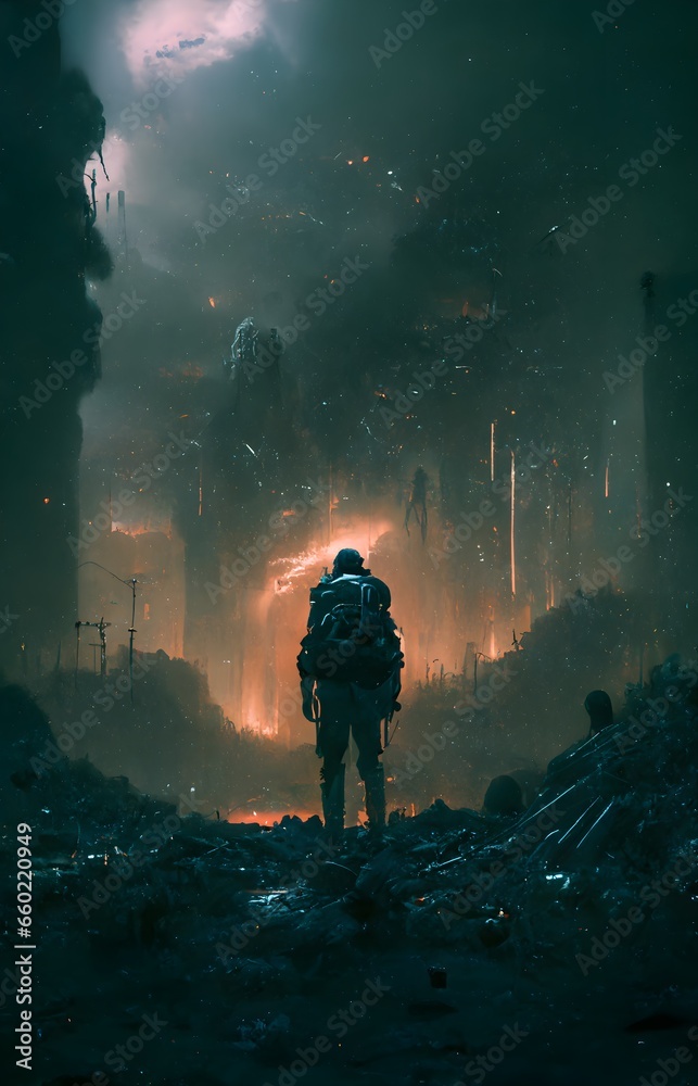apocalyptic scene lone survivor heavy atmosphere with eerie glow after ...