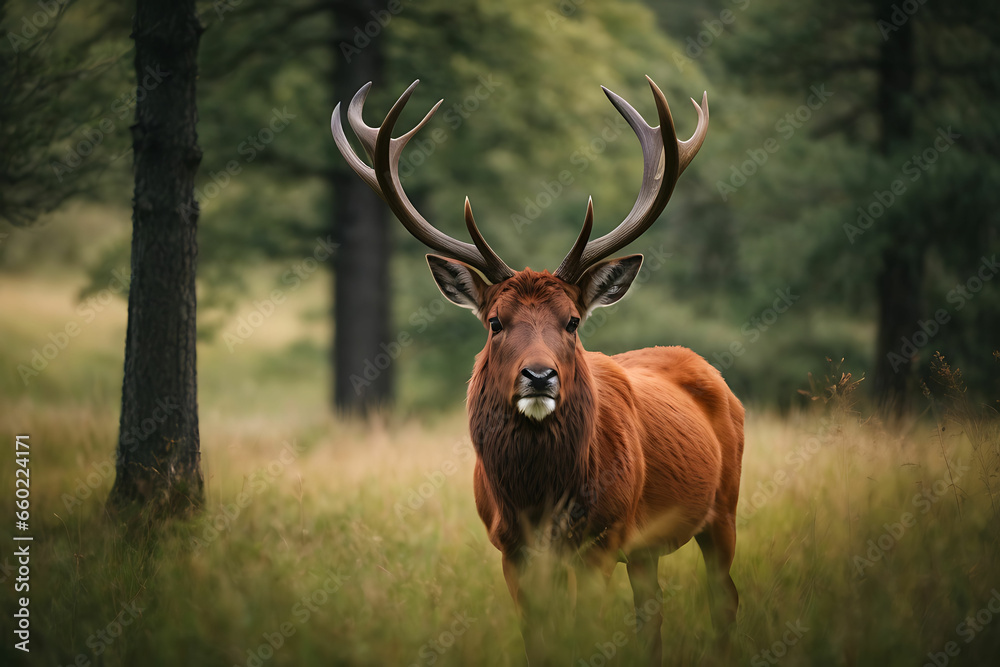 Sunlit red deer, cervus elaphus, stag with new antlers growing facing ...