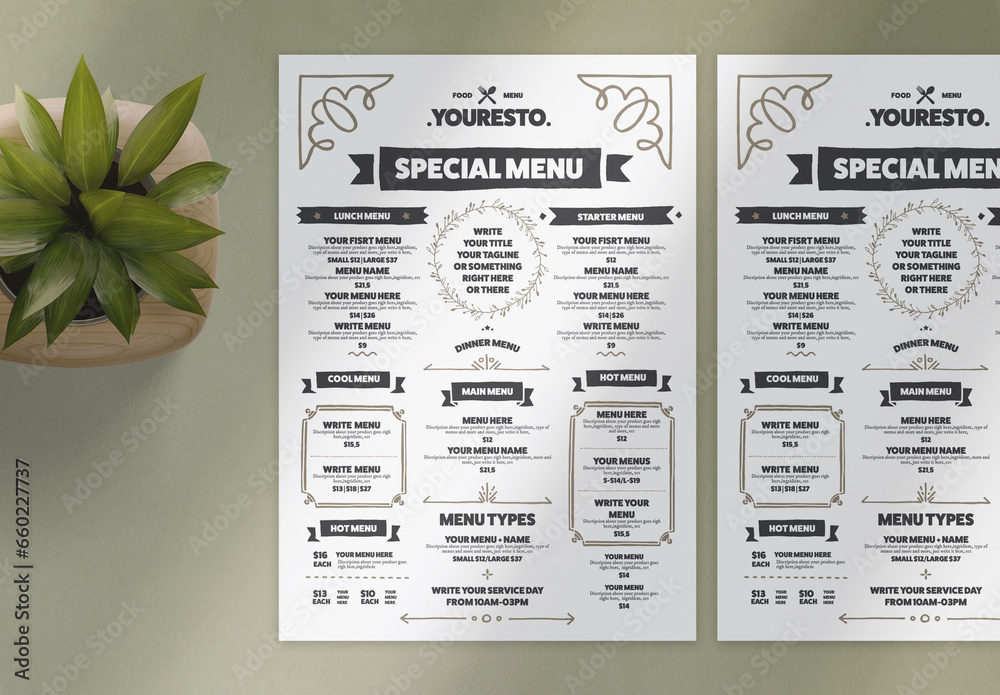 Food Menu Layout Template with Black and Brown Background Accent Color ...