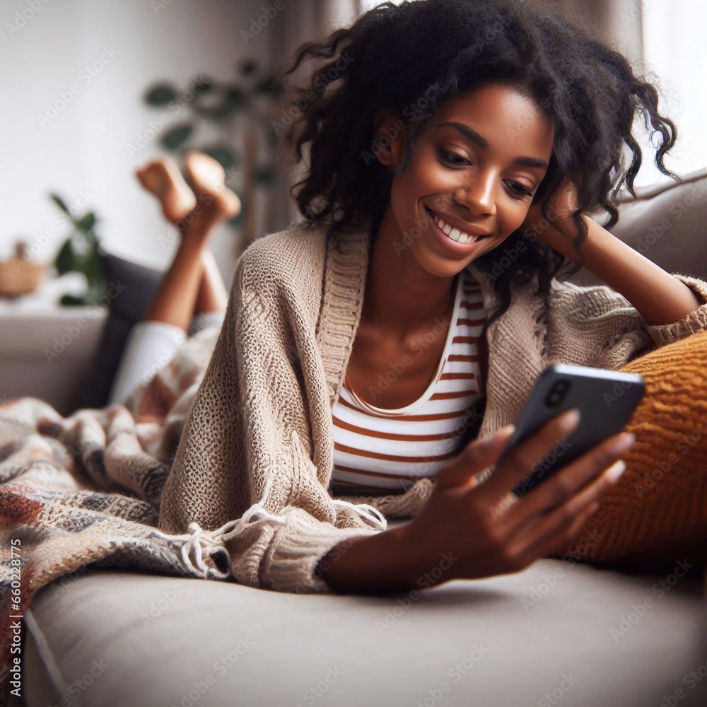 Woman Using A Smartphone On Couch Stock Photo Adobe Stock
