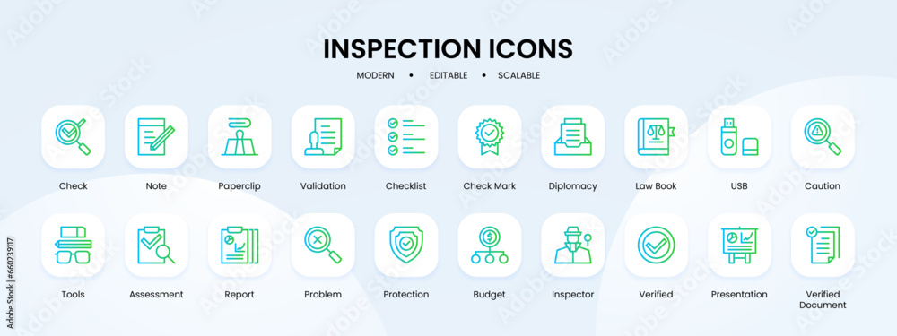 Inspection icon collection with blue and green gradient outline style ...