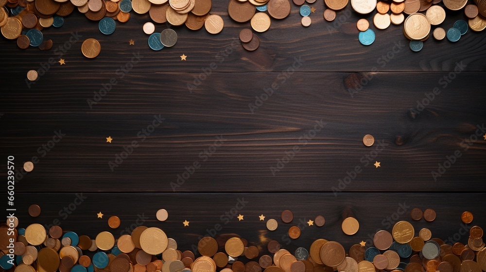 space for text on vibrant wooden background surrounded by coins of ...