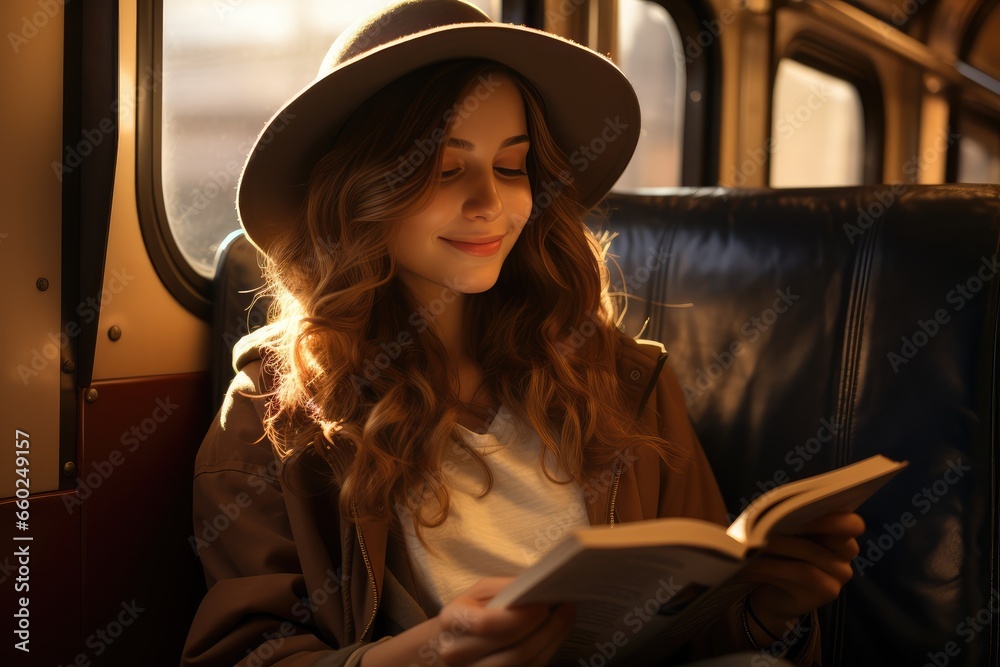 Young woman reading book while moving in the modern tram, happy ...