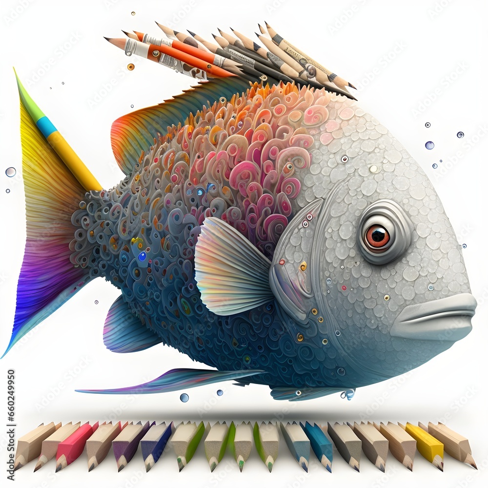 big colored fish pixar coloring page style 4k detailed white background ...