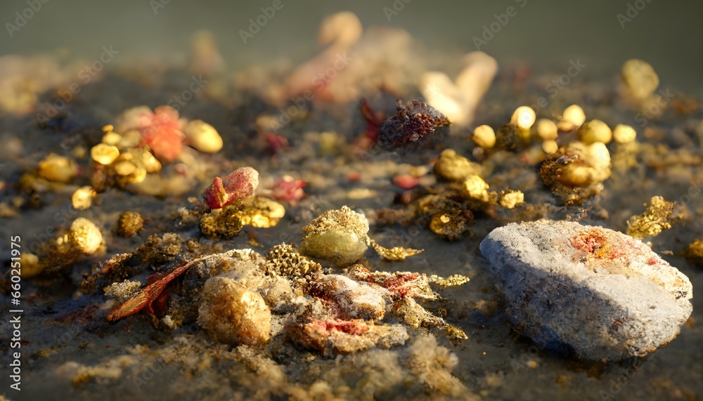 environment close up lowangle POV of tide pool dead leaves and small ...