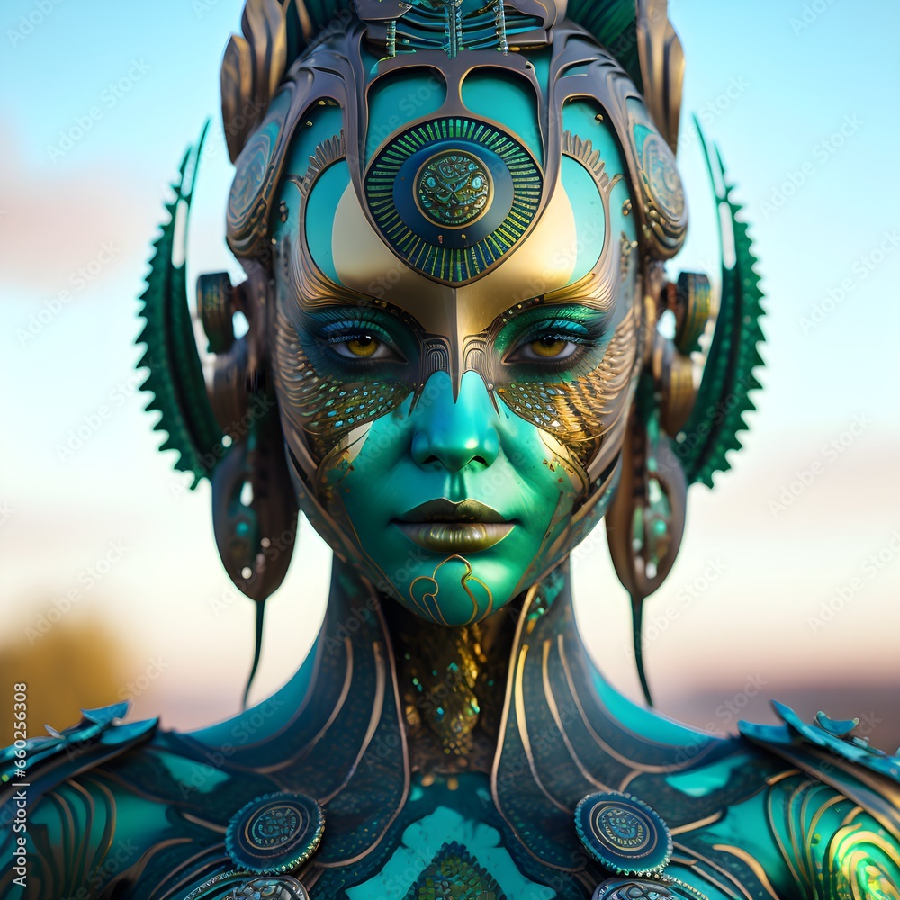 full face frontal view close up of a beautiful cyborg with skin made ...