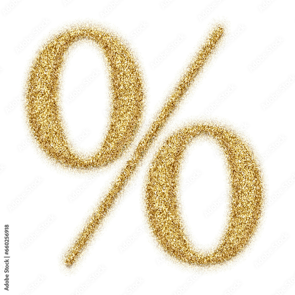 Gold glitter percent symbol isolated on transparent background. This is ...