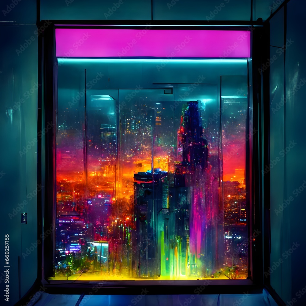 cyberpunk disco bathroom window in the last floor of a skyscraper vivid ...