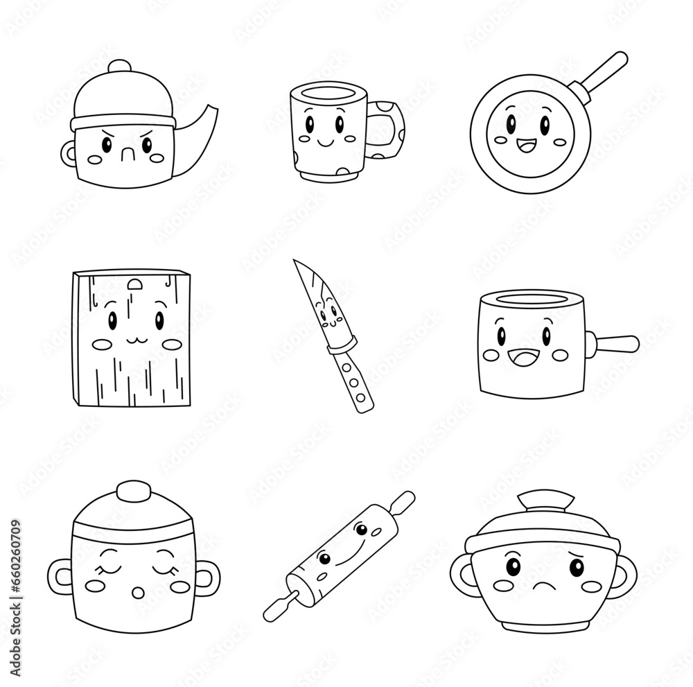 Kitchenware items. Coloring Page. Cute character teapot, mug, frying ...