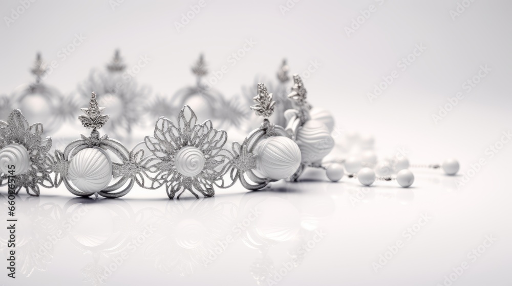 A silver tiara with intricate designs on a white background, creating a ...