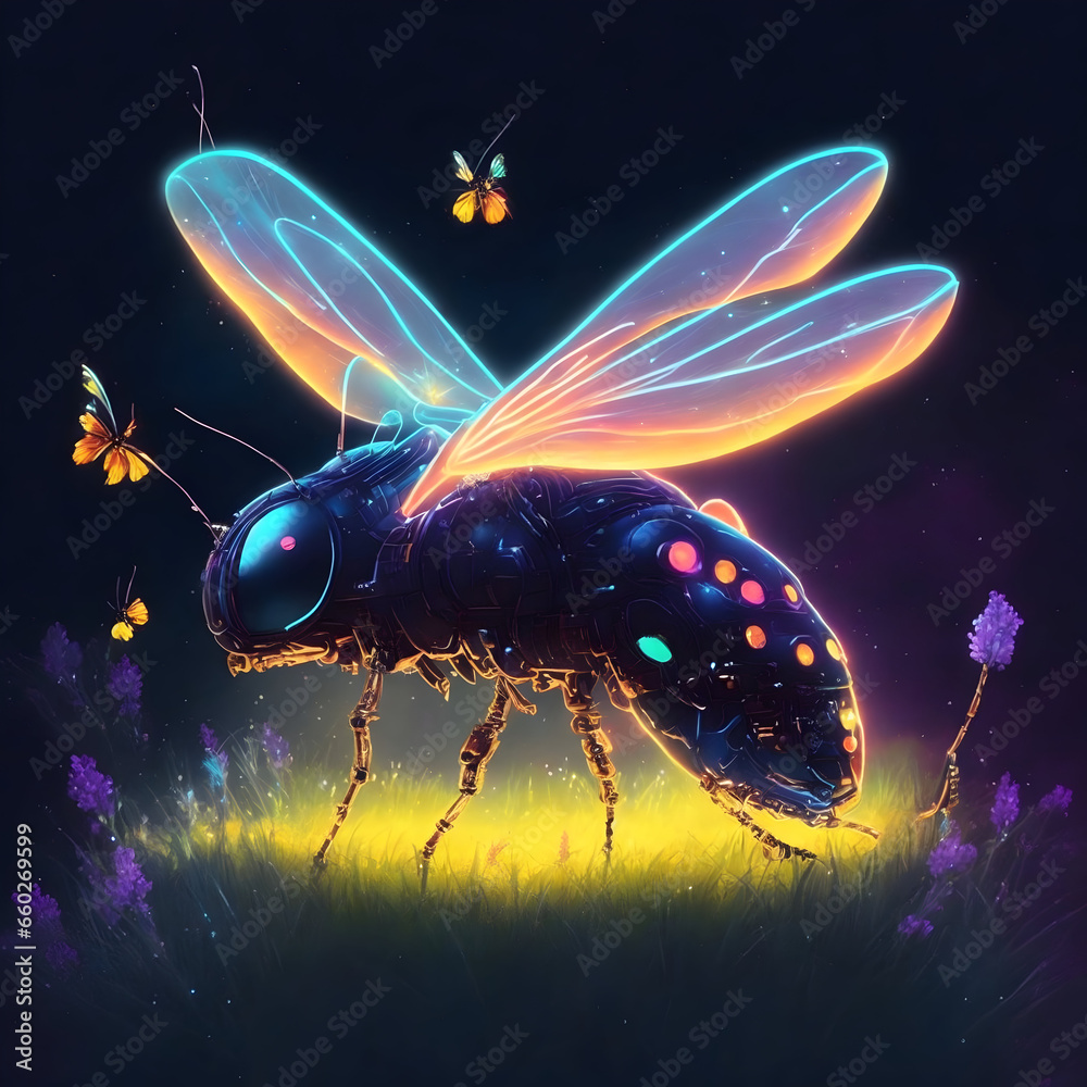A futuristic mechanical firefly, illuminating a pixelated meadow with ...