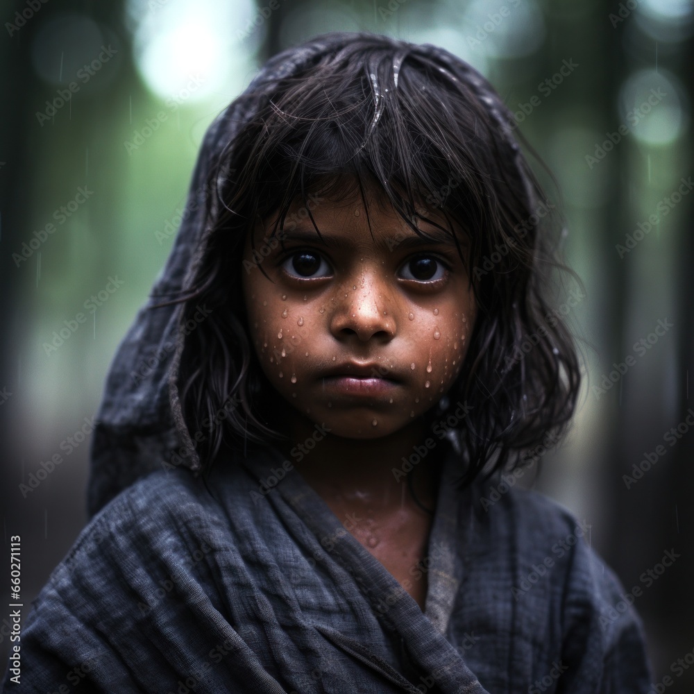 A dark-haired girl stands outdoors, her wet hair clinging to her skin ...