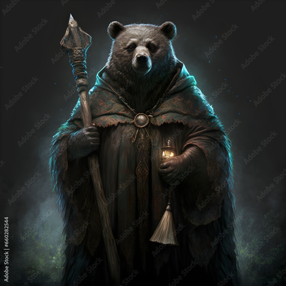 bear druid with a wooden staff controlling nature with magic with ...