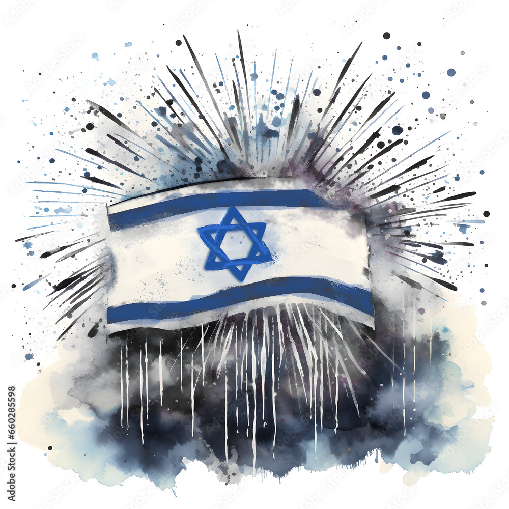 Israel flag on white background. Closeup. Hand drawn watercolor sketch ...
