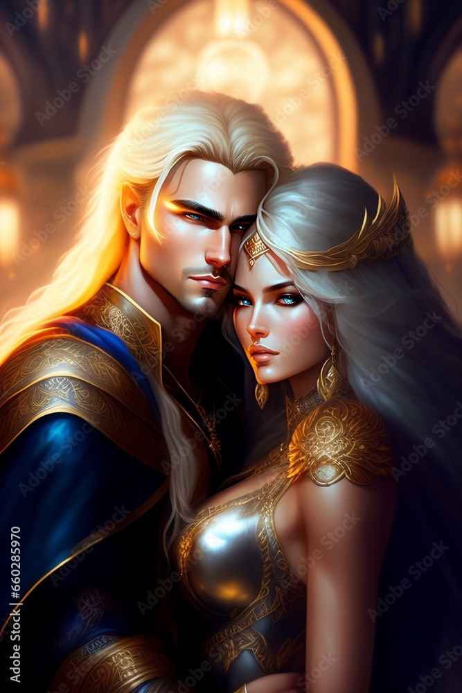 Mage godess with blond hair and mage god with black hair, fantasy, in ...