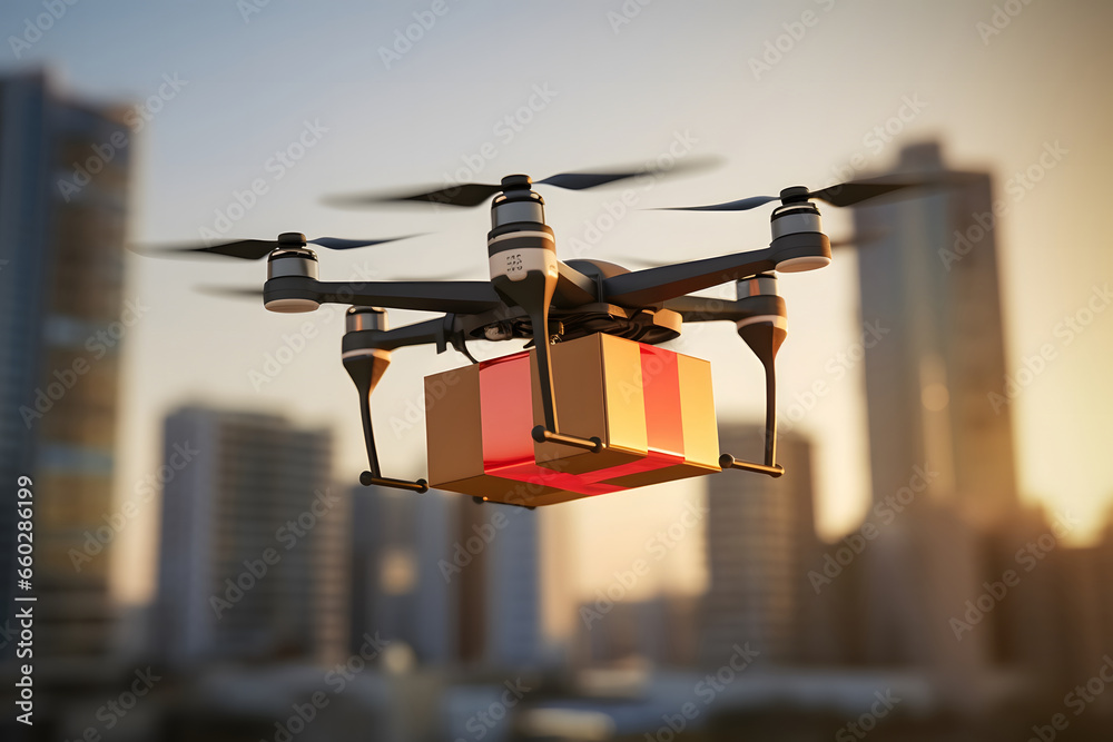 Drone flying through the air with a delivery box package clamped on to ...
