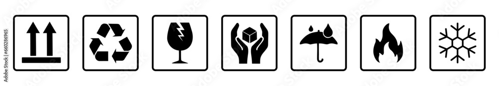 Common packaging & warning symbol set. Black & white flat style icons with frame & outline ...