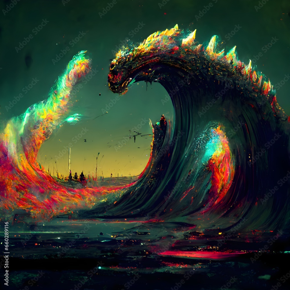 A giant wave dragon lore neon fire Hypnotic Psychedelic coldpop ...