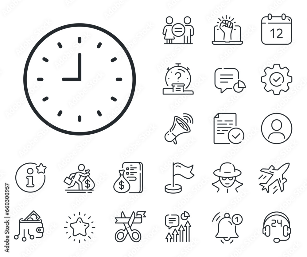 Time sign. Salaryman, gender equality and alert bell outline icons ...