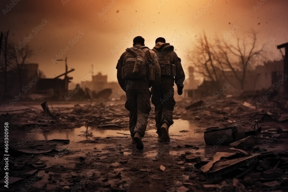 Soldiers walk through the ruins of a destroyed city. Buildings ruins ...
