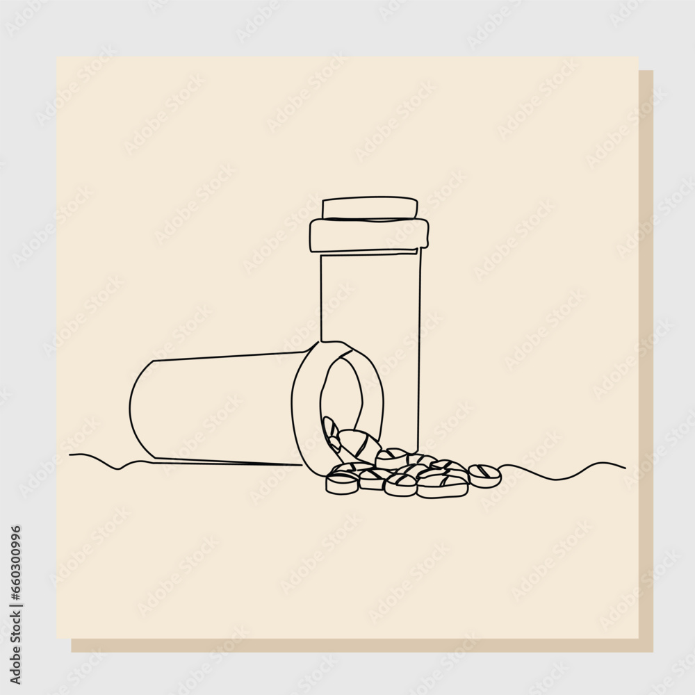 Continuous single line drawing of medicine pill or capsule bottle ...