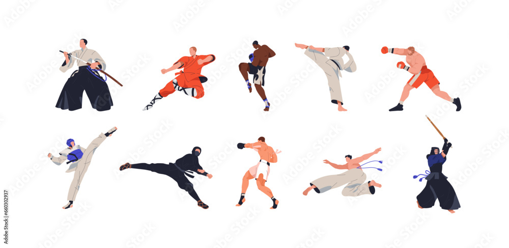 Martial art fighters set. Aikido, Wushu, Muay Thai, karate, boxing ...