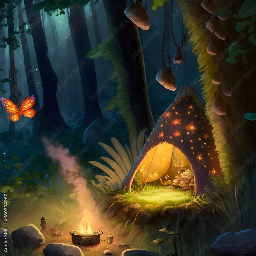 a mushroom tent in a tiny fairy campsite with a campfire with tiny ...
