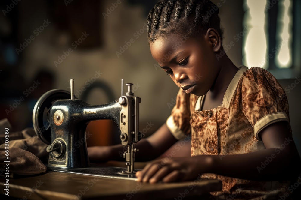 Black girl tailor sewing machine. Handicraft workshop of african child ...