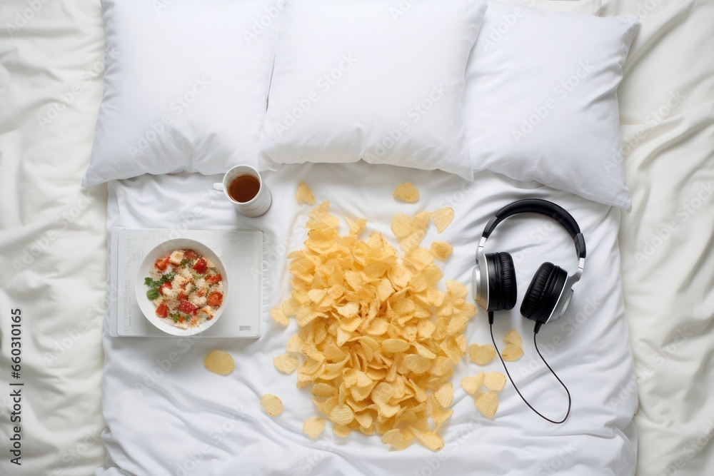 Top view of white bedding with a lot of snacks, chips, french fries ...