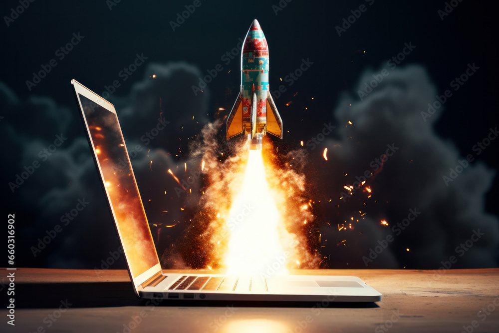 Innovation ignition Space rocket launches from laptop, a fusion of ...