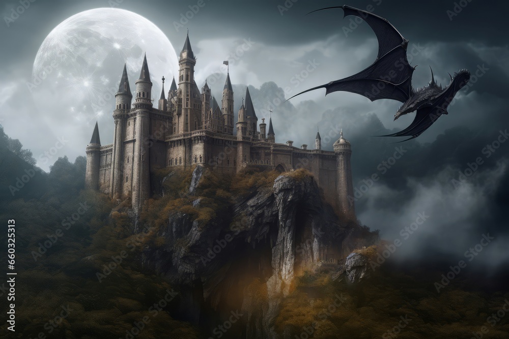 Dragon castle fantasy on rock. Sky lights fog on old stone bridge ...