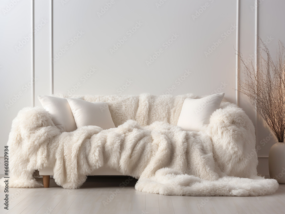 Cozy cute sofa with white furry sheepskin fluffy throw and pillows ...
