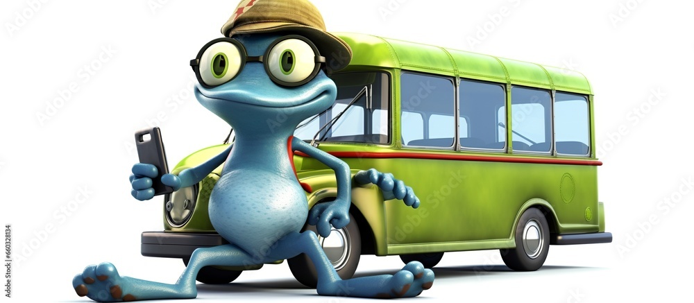 Cartoon green frog wearing denim overalls and bus driver hat, big rig ...