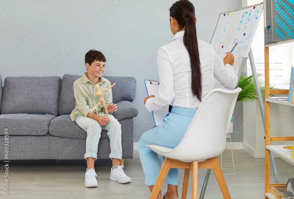 Modern art therapy, doctor with young patient are looking for ...