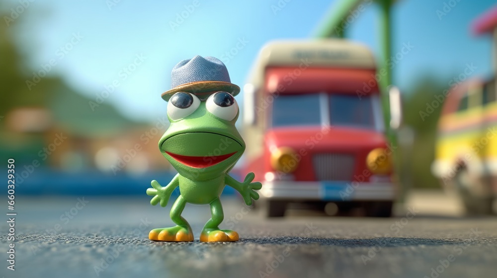 Cartoon green frog wearing denim overalls and bus driver hat, big rig ...