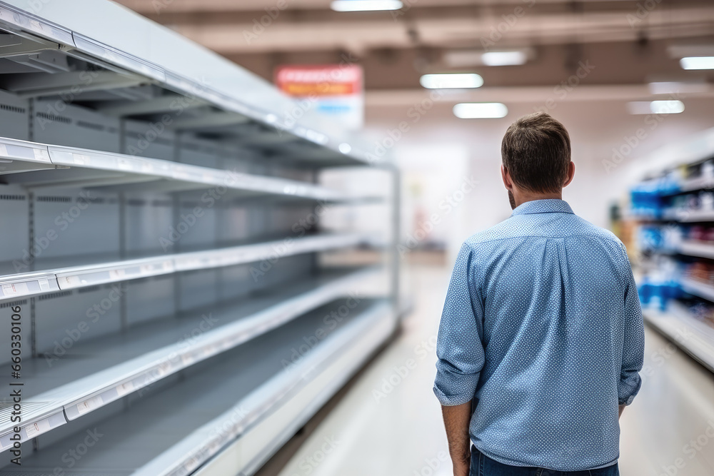 Empty shelfs of staple food provisions in grocery store. Supermarket ...