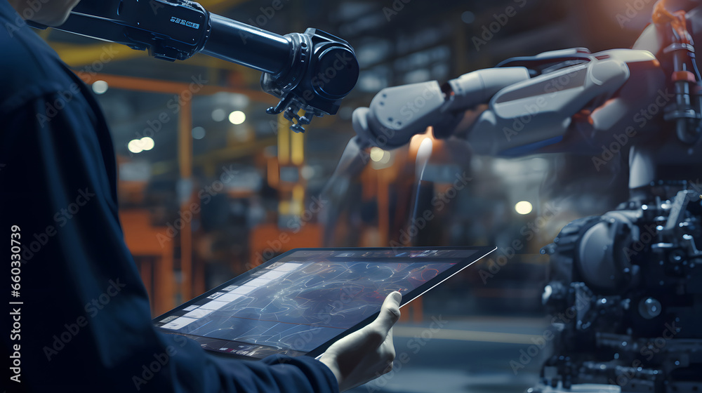 Robotic Process Automation engineer using laptop for smart factory ...