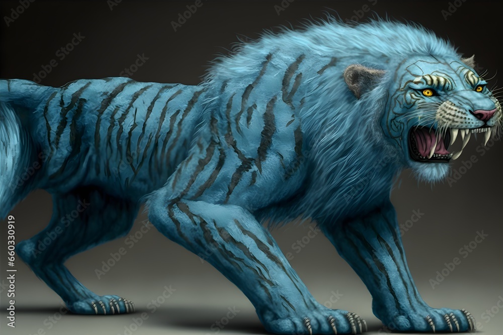 sabretooth tiger with one metre long canines pale blue fur large blue ...