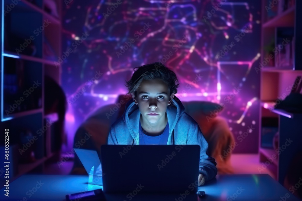 Front view of a teenager boy in his room with neon light in front of a ...