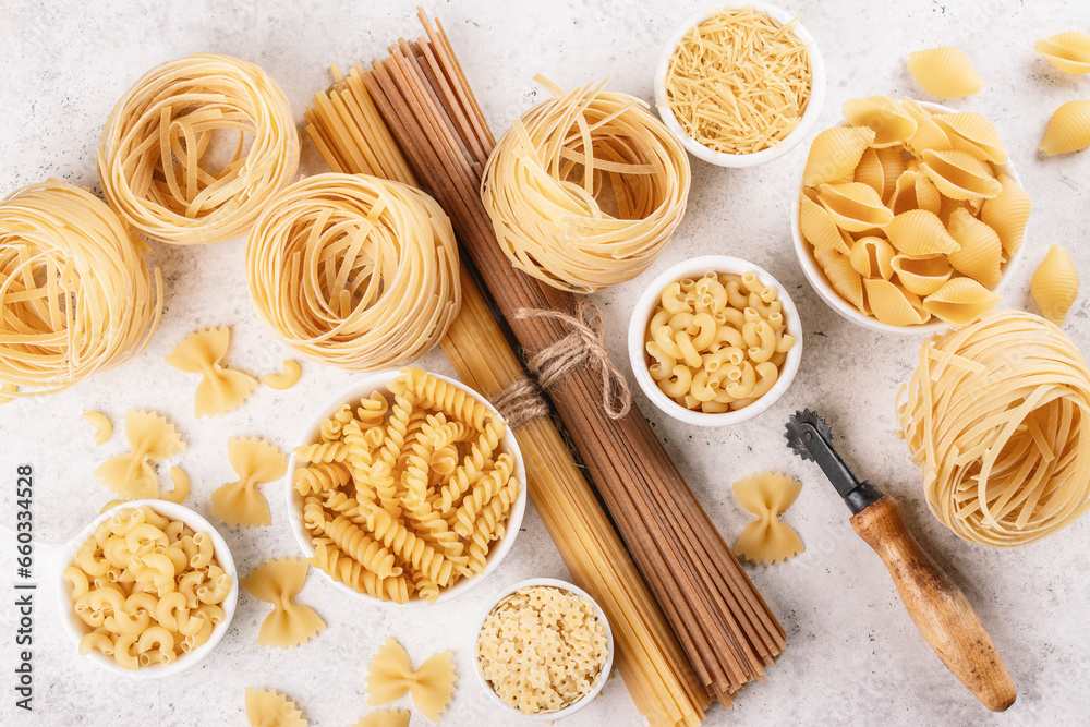 Pasta month. Assortment of uncooked pasta and noodles. Italian food ...