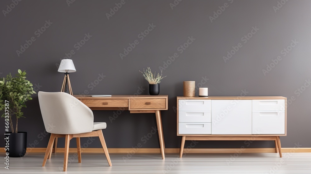 Workplace with white chair at wooden drawer writing desk against of ...