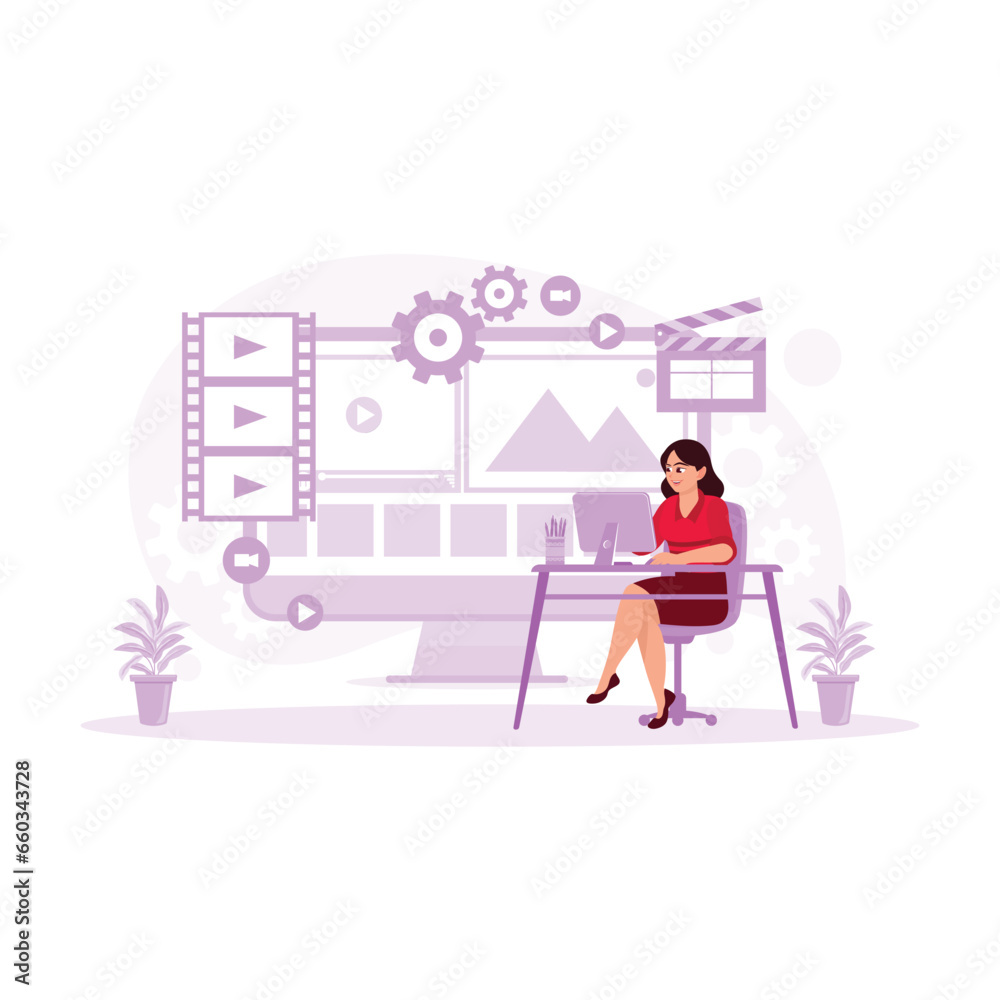 Beautiful and Creative Female Video Editor Works with Footage on Her ...