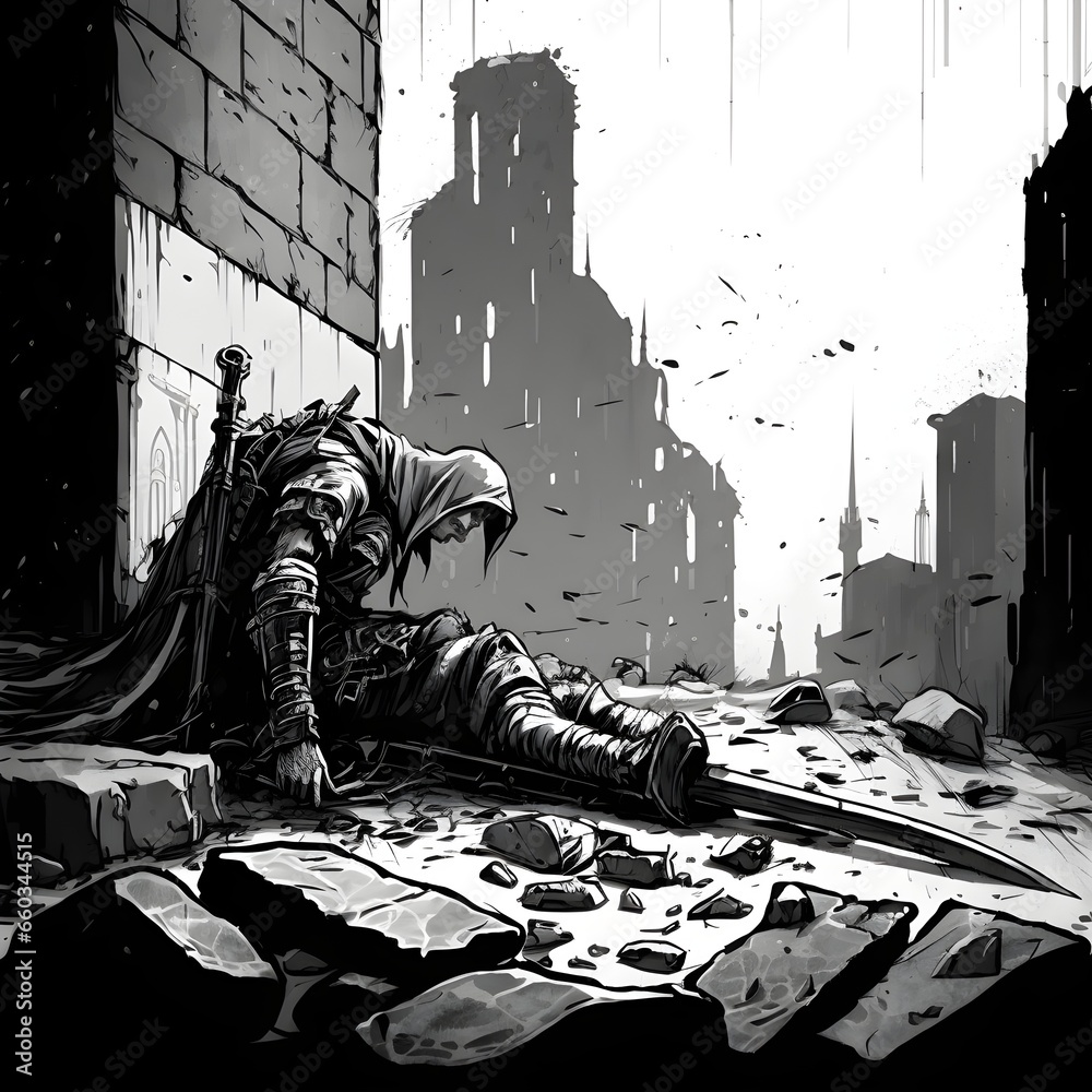 black and white a person lying on their back on the ground with a large ...